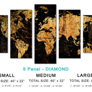 Abstract Black World Map Canvas Print. 3 Panel Split (triptych). Gold ...