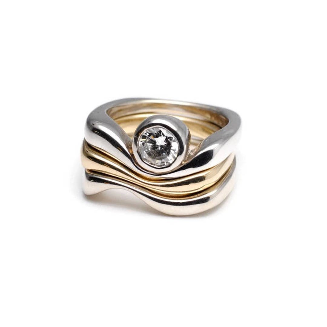 Two Tone Triple Wave Ring With Bezel Set Diamond - Etsy