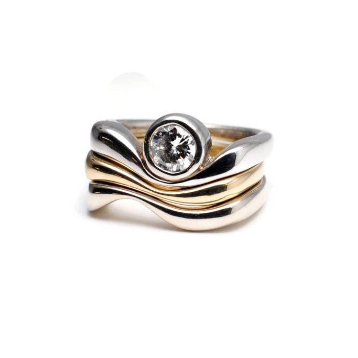 Two Tone Triple Wave Ring With Bezel Set Diamond - Etsy