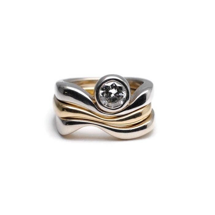 Two Tone Triple Wave Ring With Bezel Set Diamond - Etsy