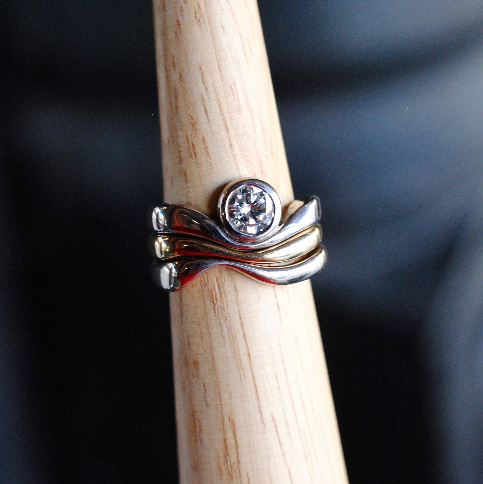 Two Tone Triple Wave Ring With Bezel Set Diamond - Etsy