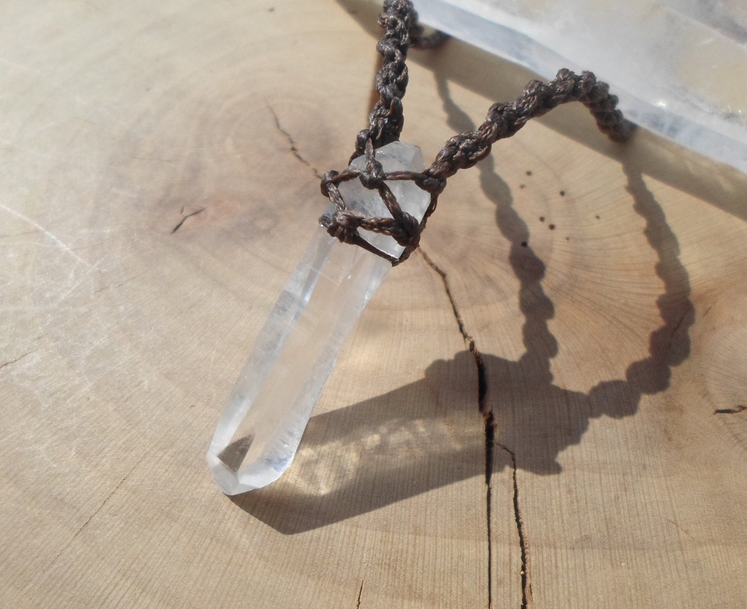 Raw Double Terminated Crystal Quartz Point Macrame Necklace, Natural ...