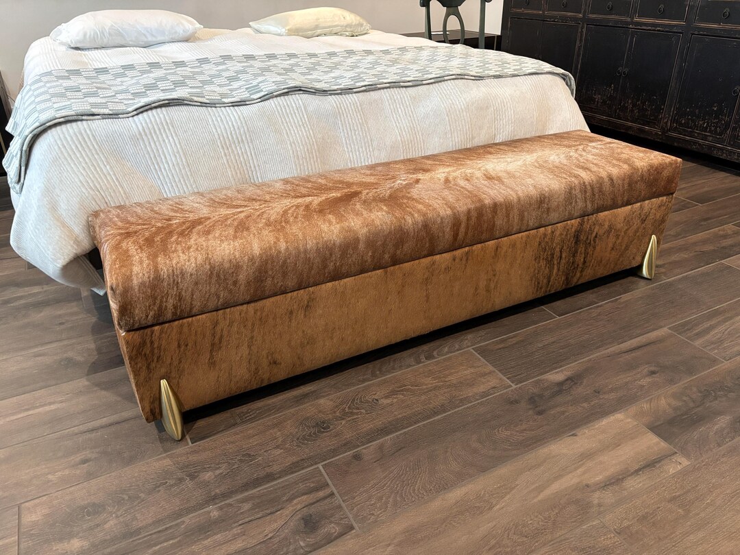 Cowhide Storage Ottoman, Custom Long Brindle Cowhide End of Bed Bench ...