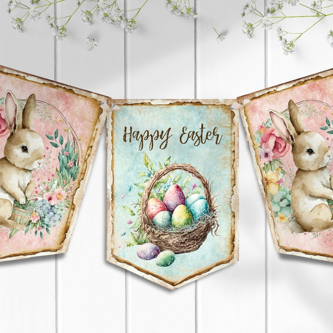 Easter Egg Bunting, Happy Easter, Spring Home Decor, Easter Egg Bunny ...