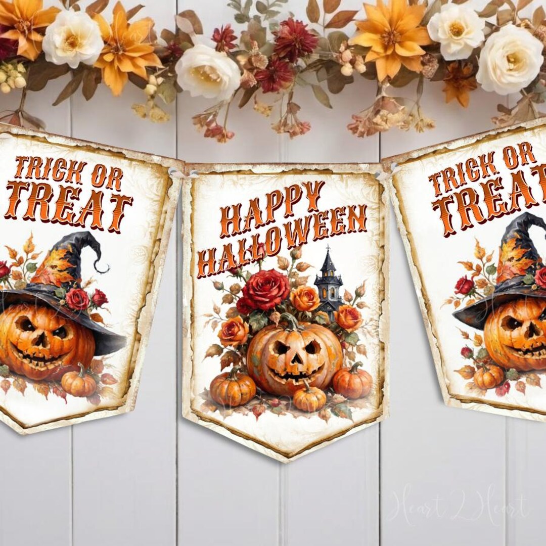 Vintage Pumpkin Halloween Bunting, , Retro Pumpkin Bunting, Halloween ...