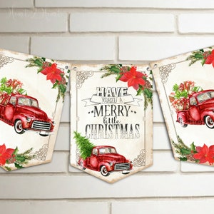 Retro Christmas Truck Bunting | Red Pickup Christmas Banner | Holiday ...