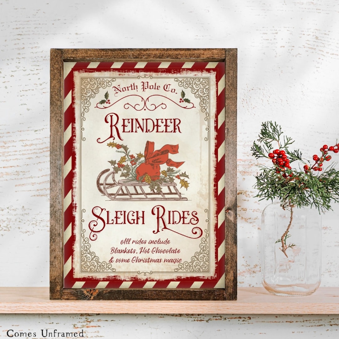 Retro Christmas Sign, Reindeer Sleigh Ride Sign, Santa Sleigh ...