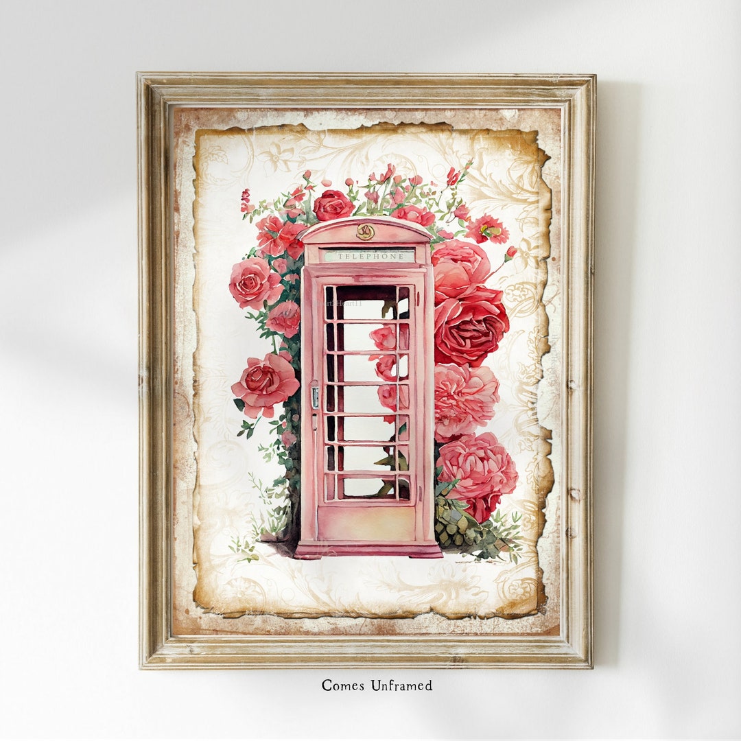 Pink London Telephone Box Print, Wall Art Decor, Kitchen Print, Shabby ...