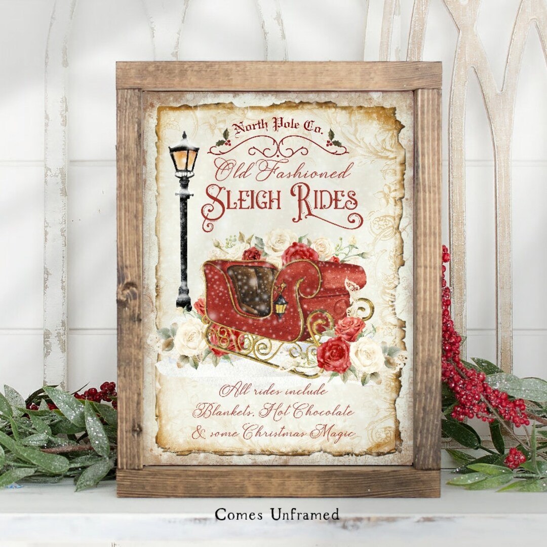 Retro Christmas Print, Sleigh Ride Sign, Santa Sleigh Decoration ...