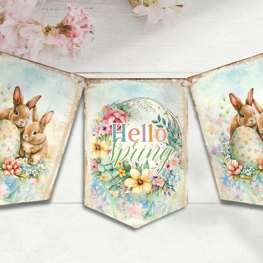 Vintage Hello Spring Bunting Banner, Shabby Chic Easter Bunting ...