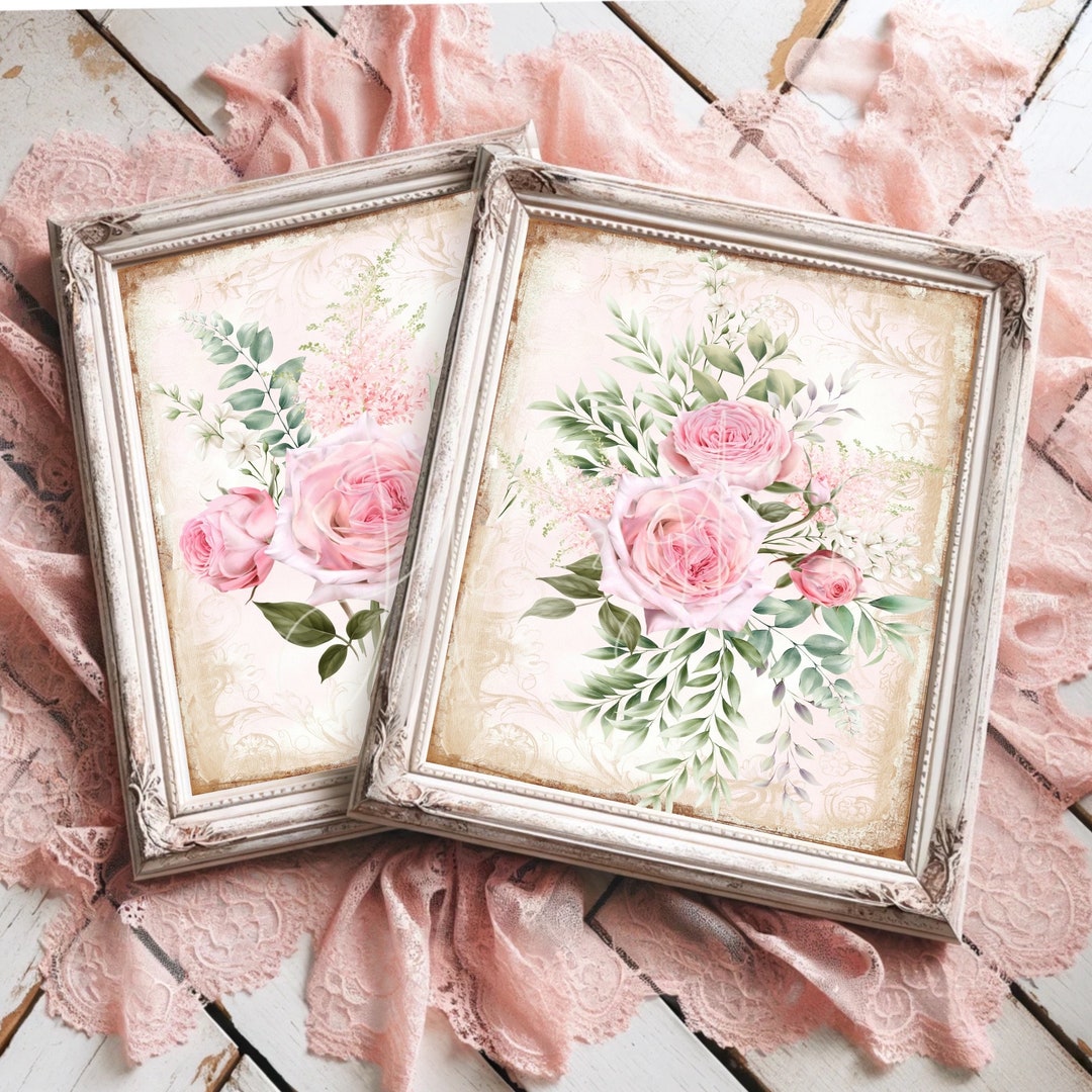 Set of 2 Pink Rose Prints, Shabby Chic Wall Art, Vintage Rose Print ...