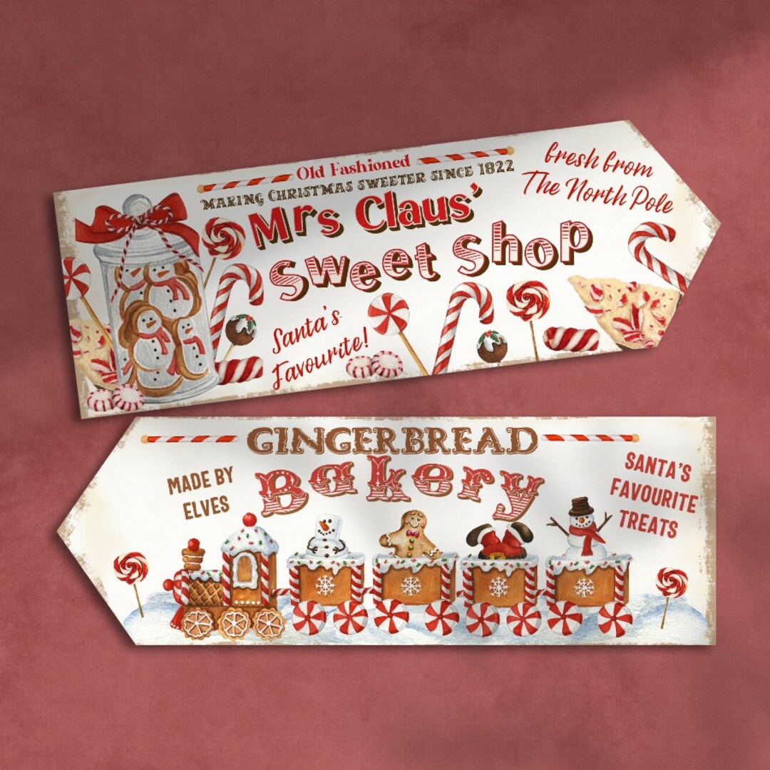 Retro Christmas Gingerbread Bakery & Sweet Shop Signs XMAS Decoration ...