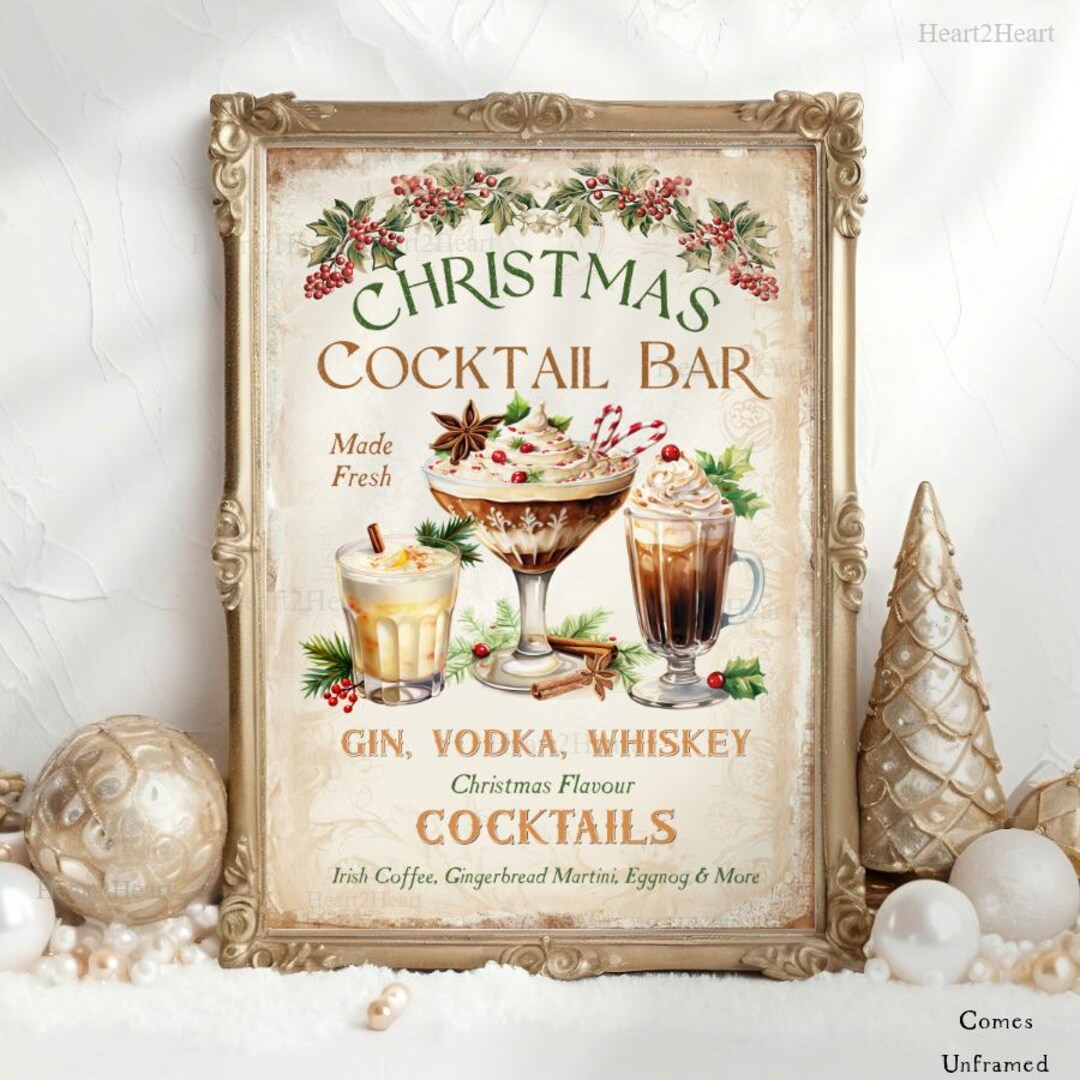 Vintage Christmas Cocktail Print, Home Bar Decor, Party Drinks Sign ...
