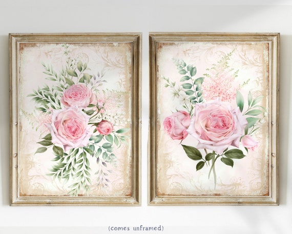 Set of 2 Pink Rose Prints Shabby Chic Wall Art Vintage Rose - Etsy