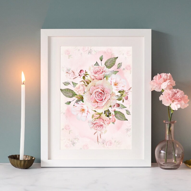 Blush Pink Rose Print Shabby Chic Floral Wall Art Nursery | Etsy