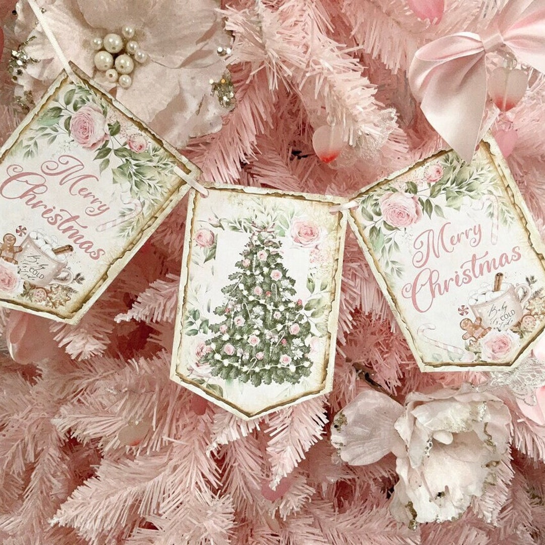 Shabby Chic Pink Christmas Bunting, Pink Rose, Pink Christmas Decor ...
