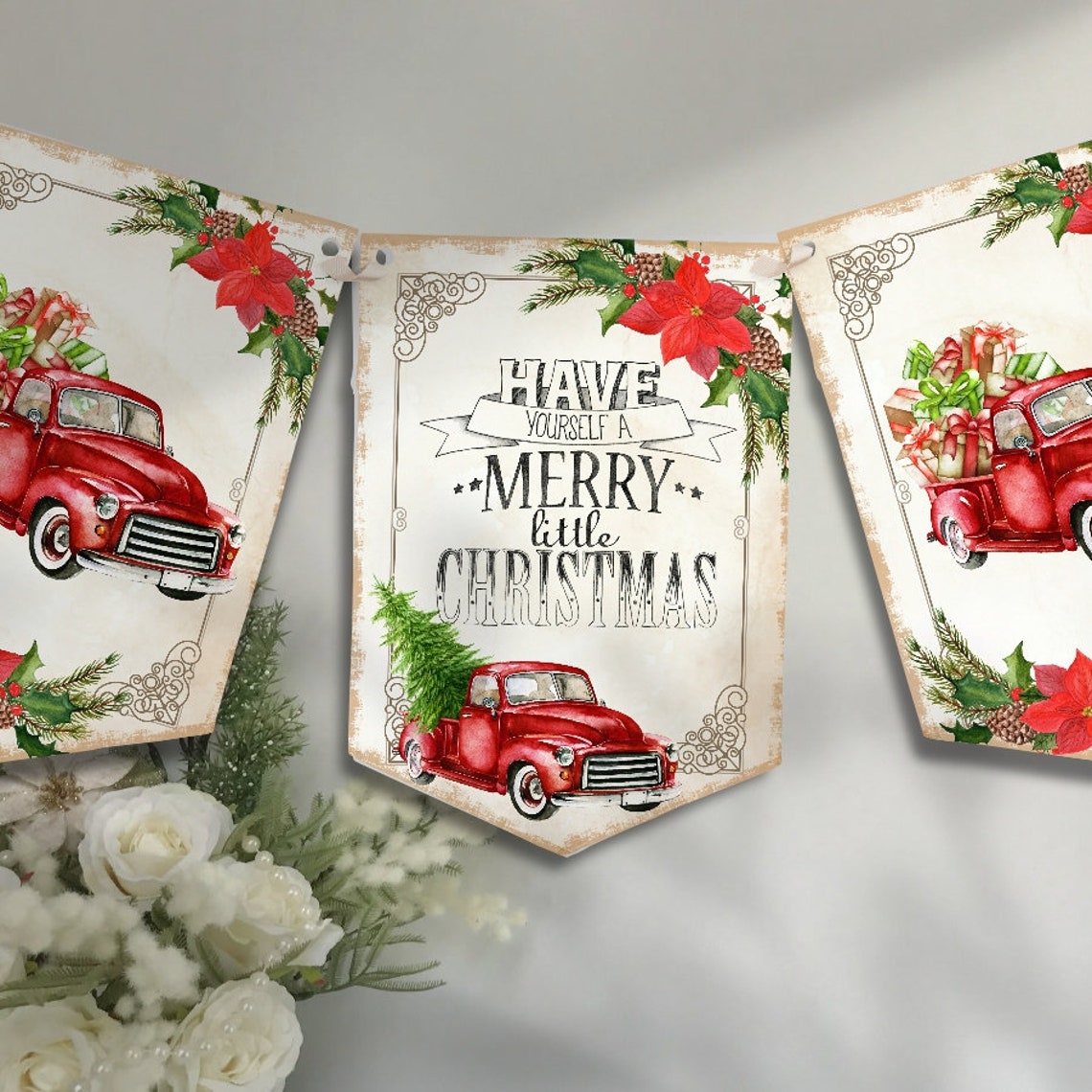 Retro Christmas Truck Bunting Red Pickup Christmas Banner - Etsy UK
