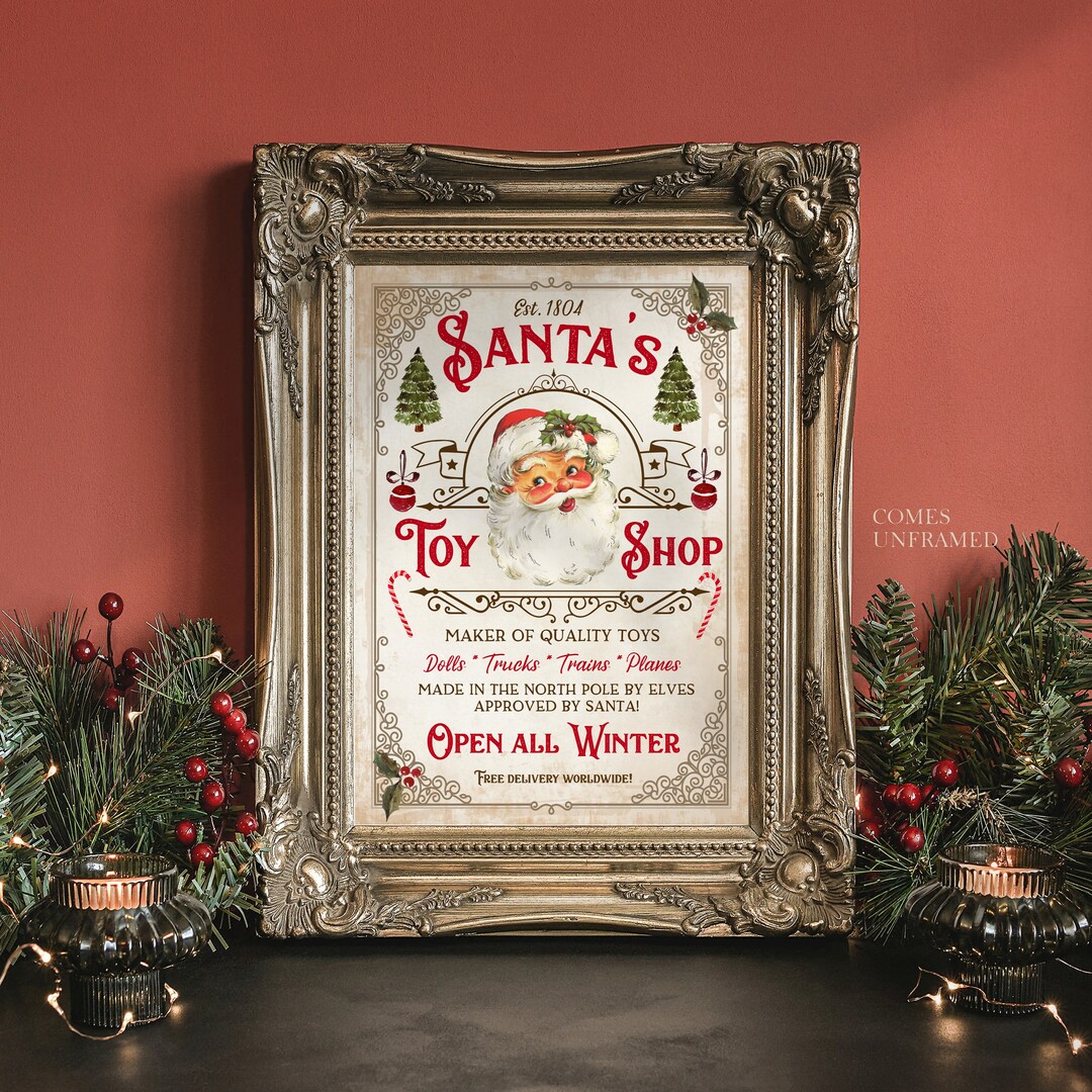 Retro Christmas Sign, Santa's Toy Shop Sign, Decoration, Holiday Decor ...