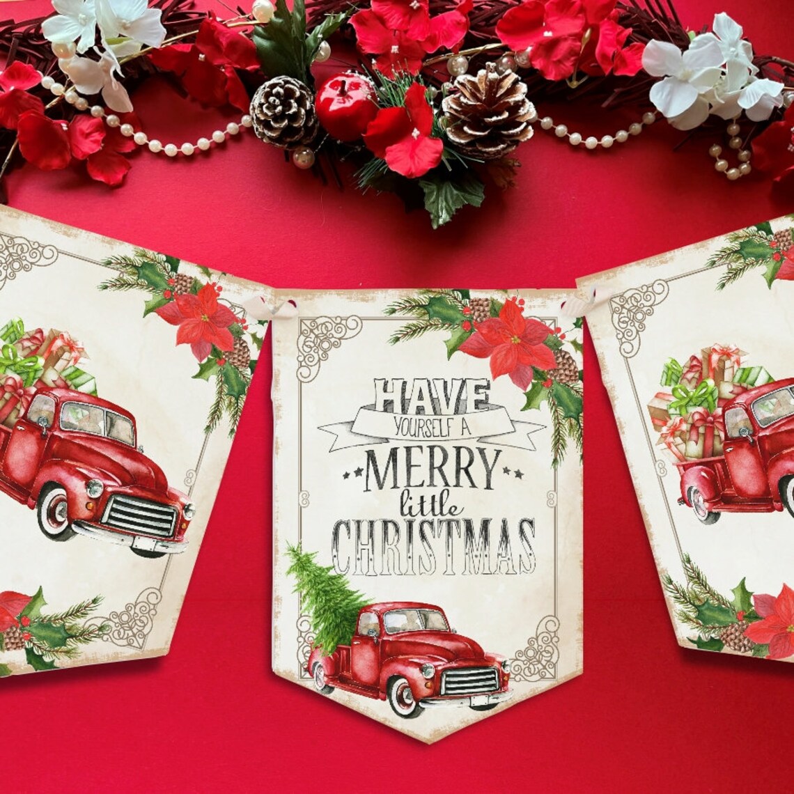 Retro Christmas Truck Bunting Red Pickup Christmas Banner - Etsy UK
