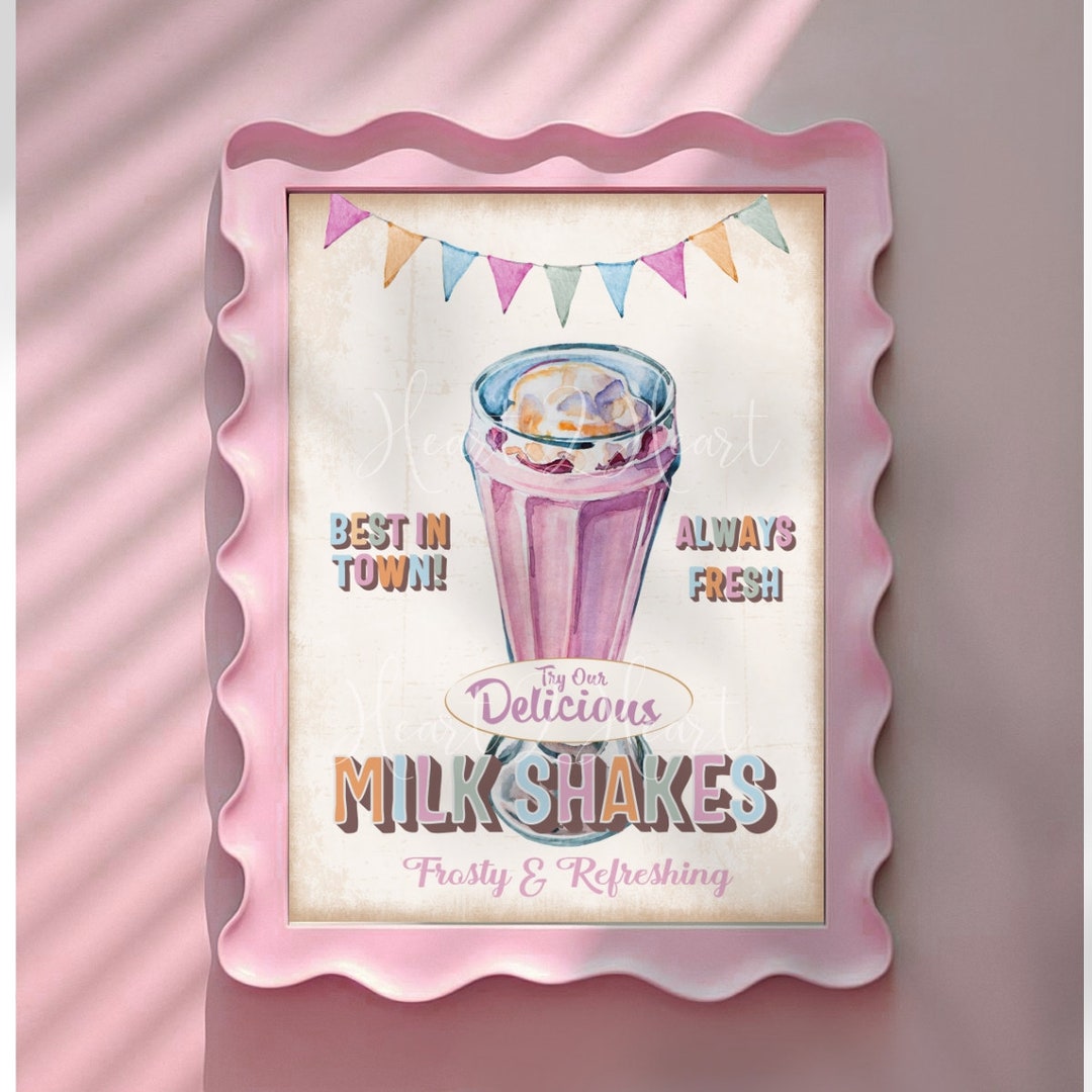 Retro Milkshake Sign Colourful Kitchen Print 50s Diner Sign Milkshake ...