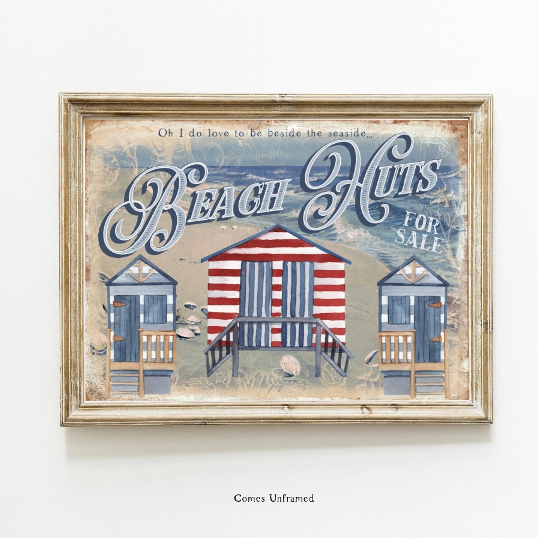 Vintage Style Beach Hut Sign, Beach Print, Nautical Wall Art, Beach ...