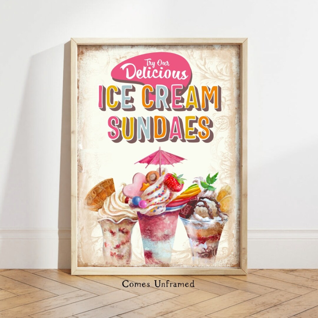 Retro Ice Cream Sundae Sign, Ice Cream Sign, Ice Cream Bar, Party ...