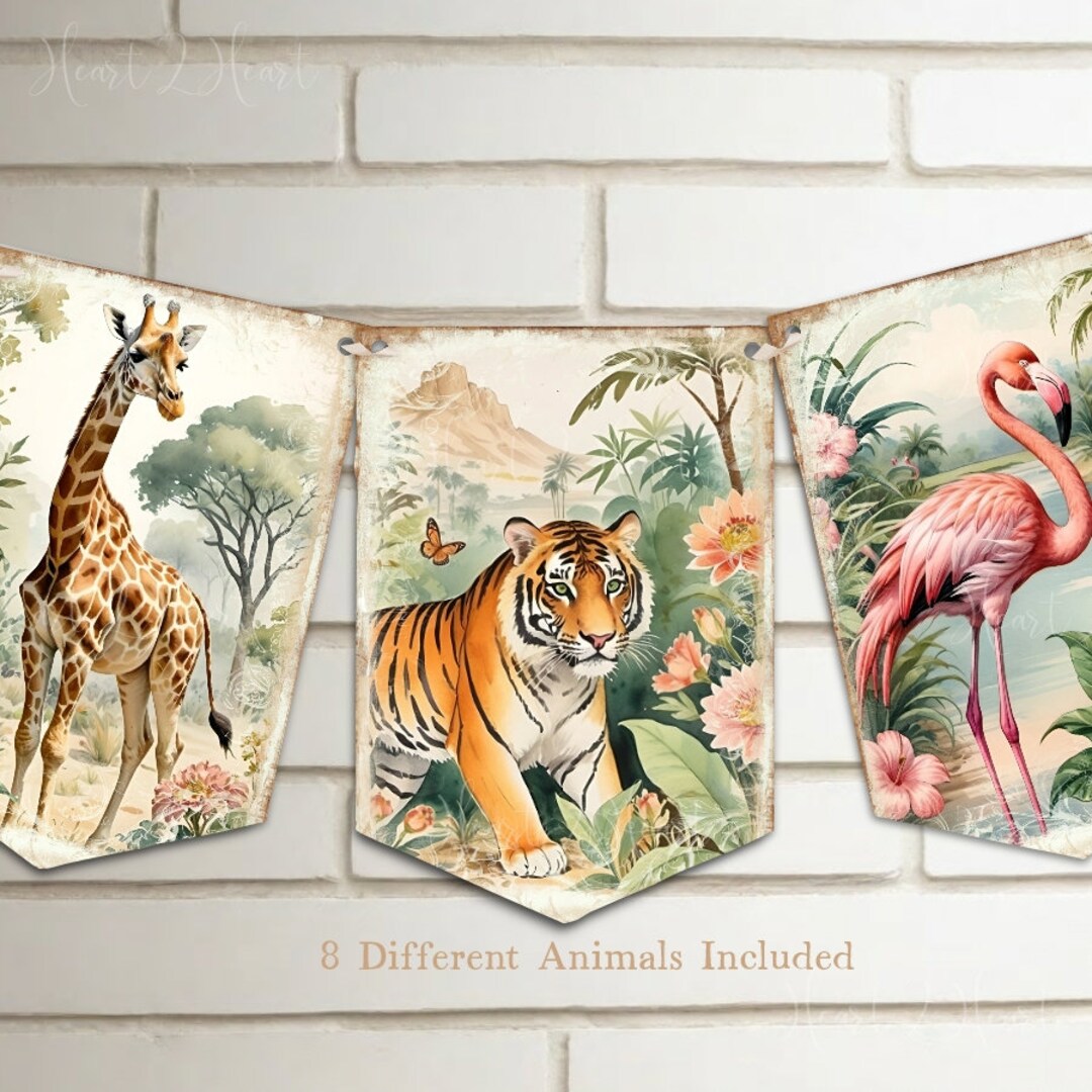 Vintage Jungle Safari Animal Bunting, Jungle Banner, Jungle Birthday ...