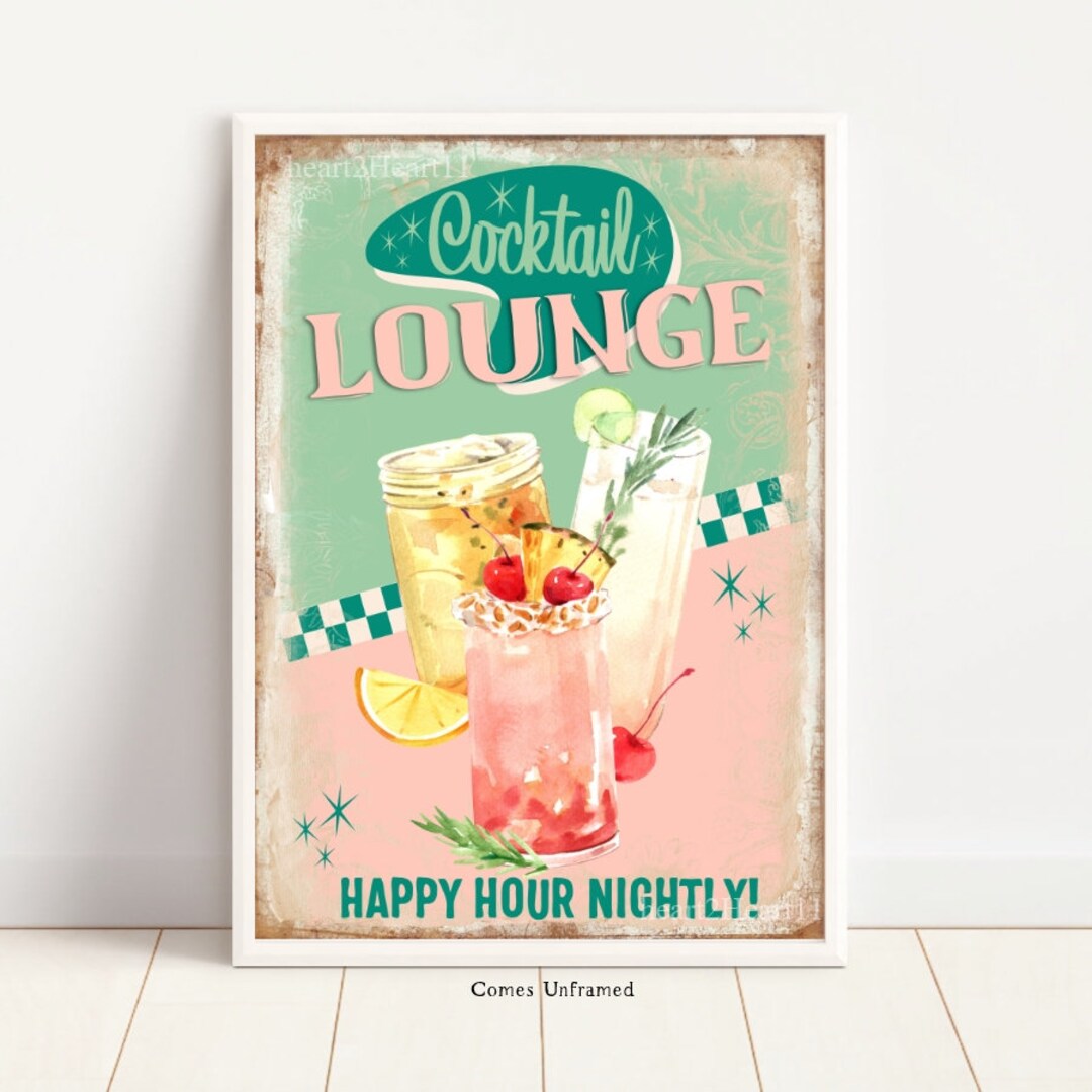Retro Happy Hour Print Poster 50s Cocktail Lounge Bar Cafe Wall Art ...