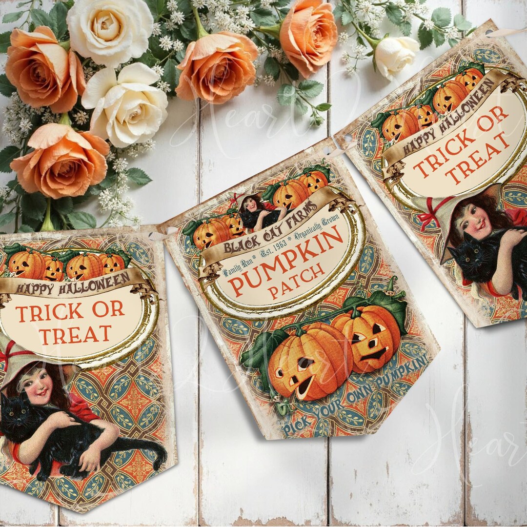 Vintage Halloween Bunting, Witch Banner, Retro Pumpkin Bunting ...