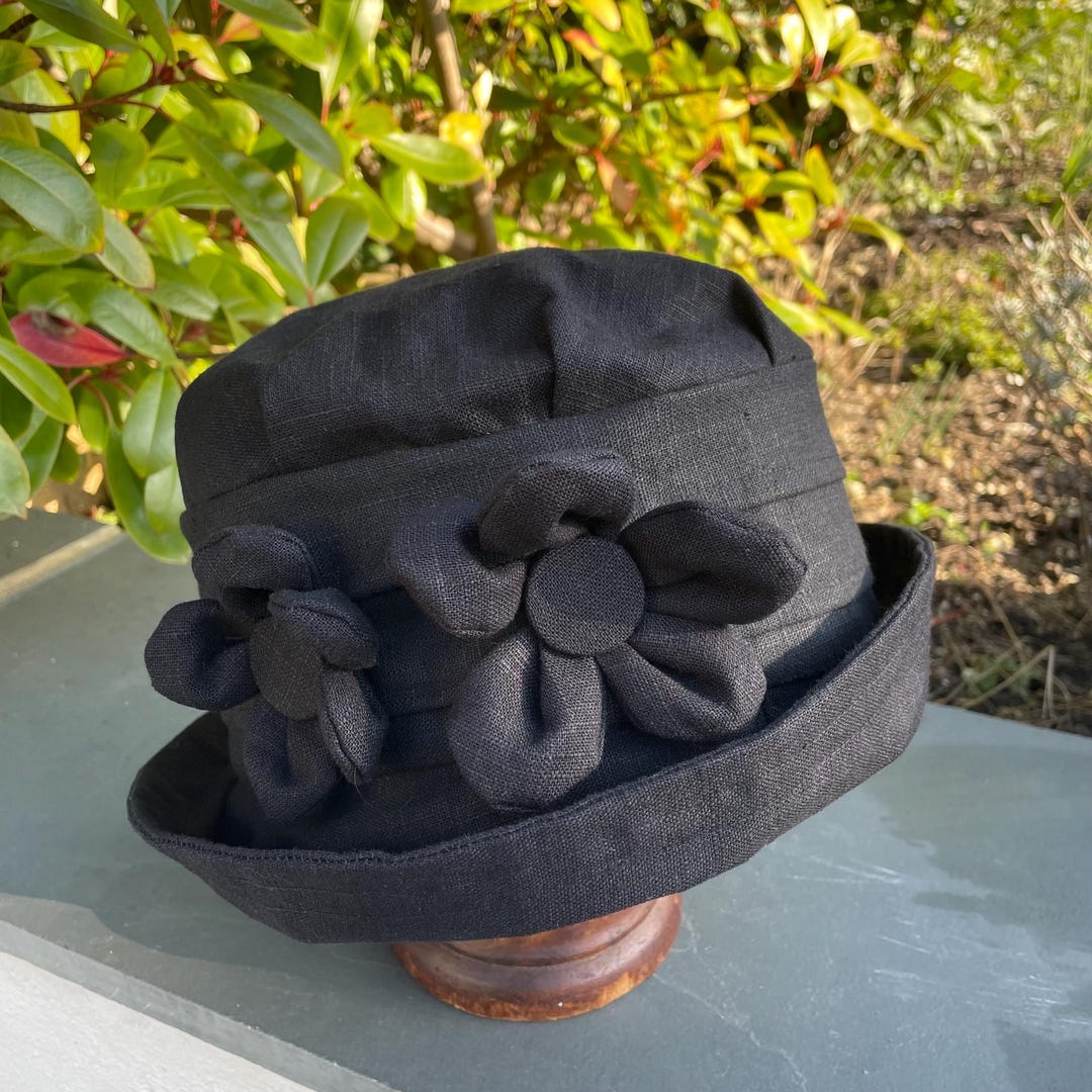 Black Linen Cloche Hat, Floral Summer Wedding Sunhat - Etsy