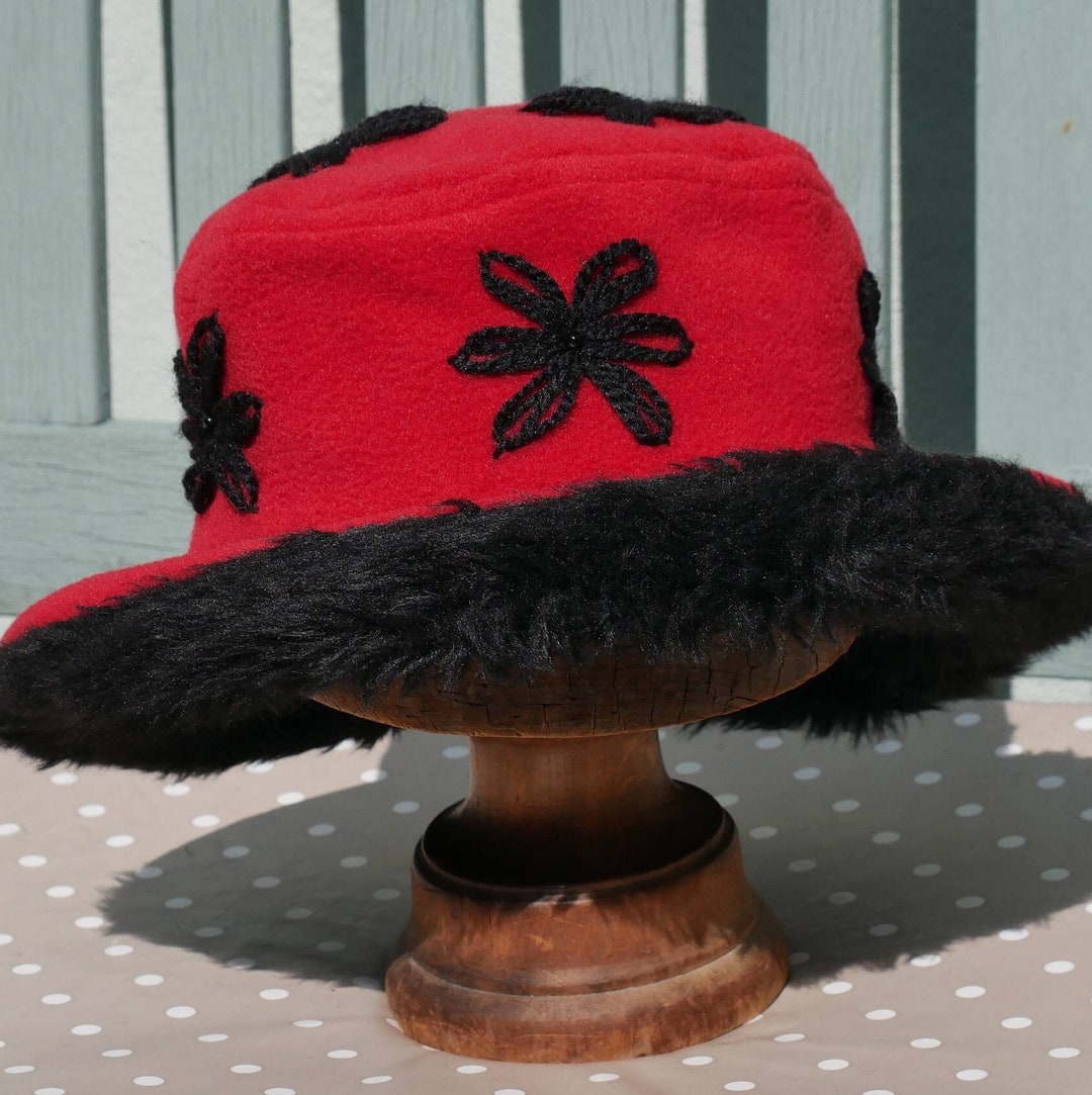 Scarlet Red Fleece Hat, Red Cloche Hat, Red Daisy Flower Hat, Red Home ...