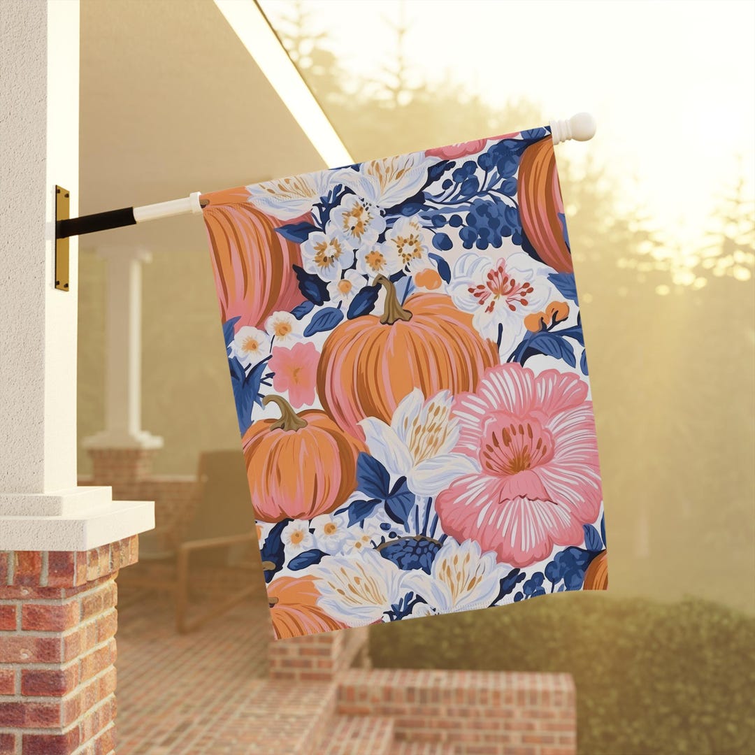 Blue Fall House Flag With Flowers and Pumpkins, Floral Autumn House ...