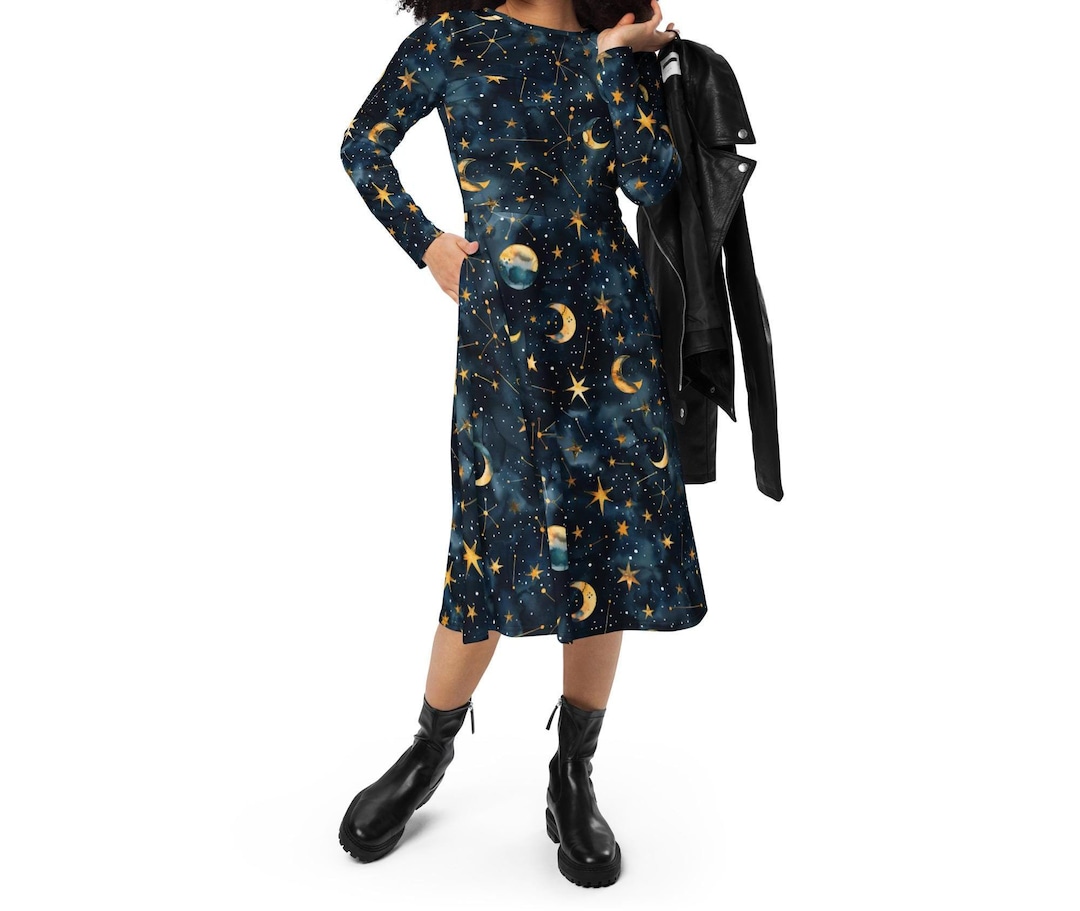 Dark Blue Celestial Dress With Pockets and Long Sleeves, Star Dress ...