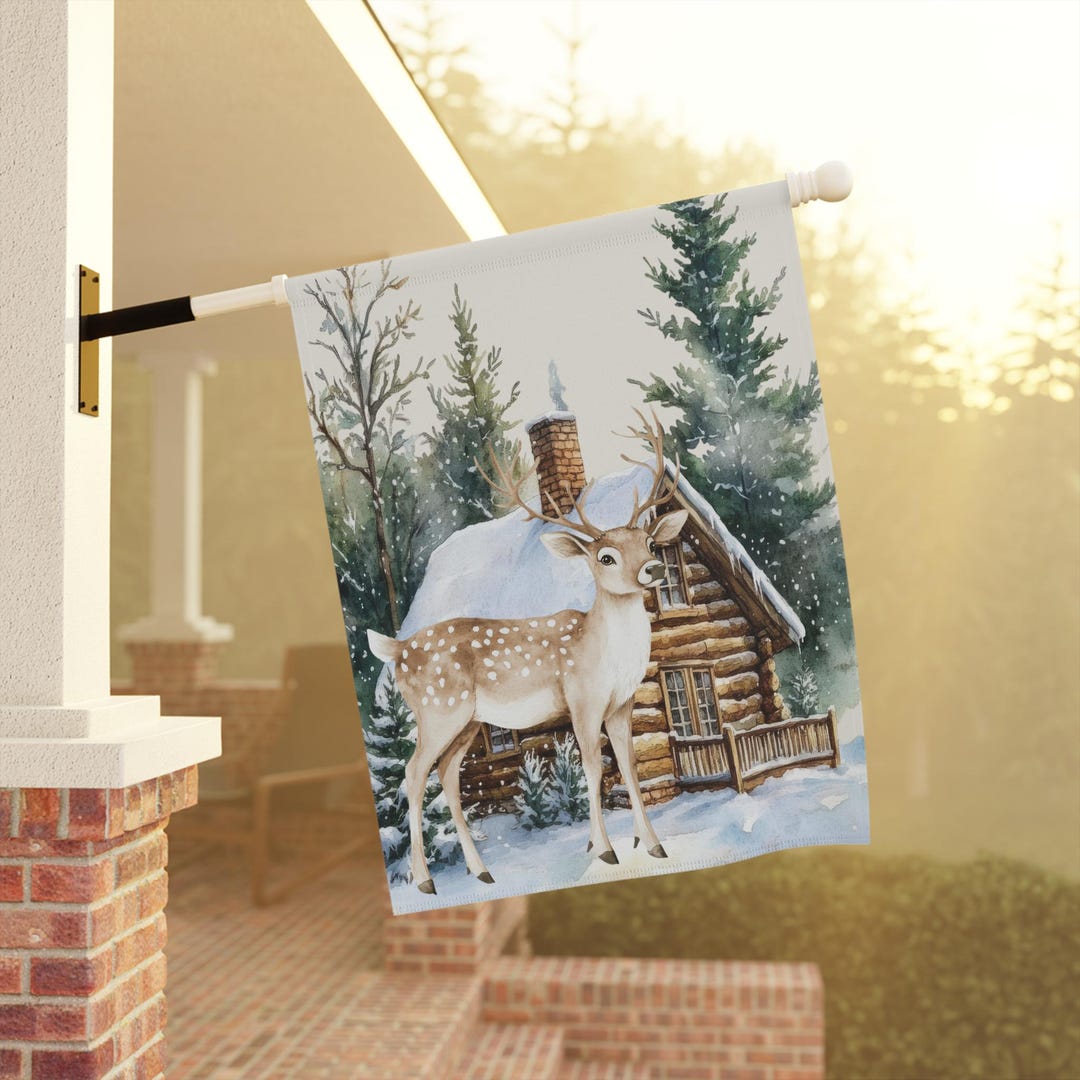 Winter Snow House Flag With Deer and Cabin, Winter House Flag, Cabin ...