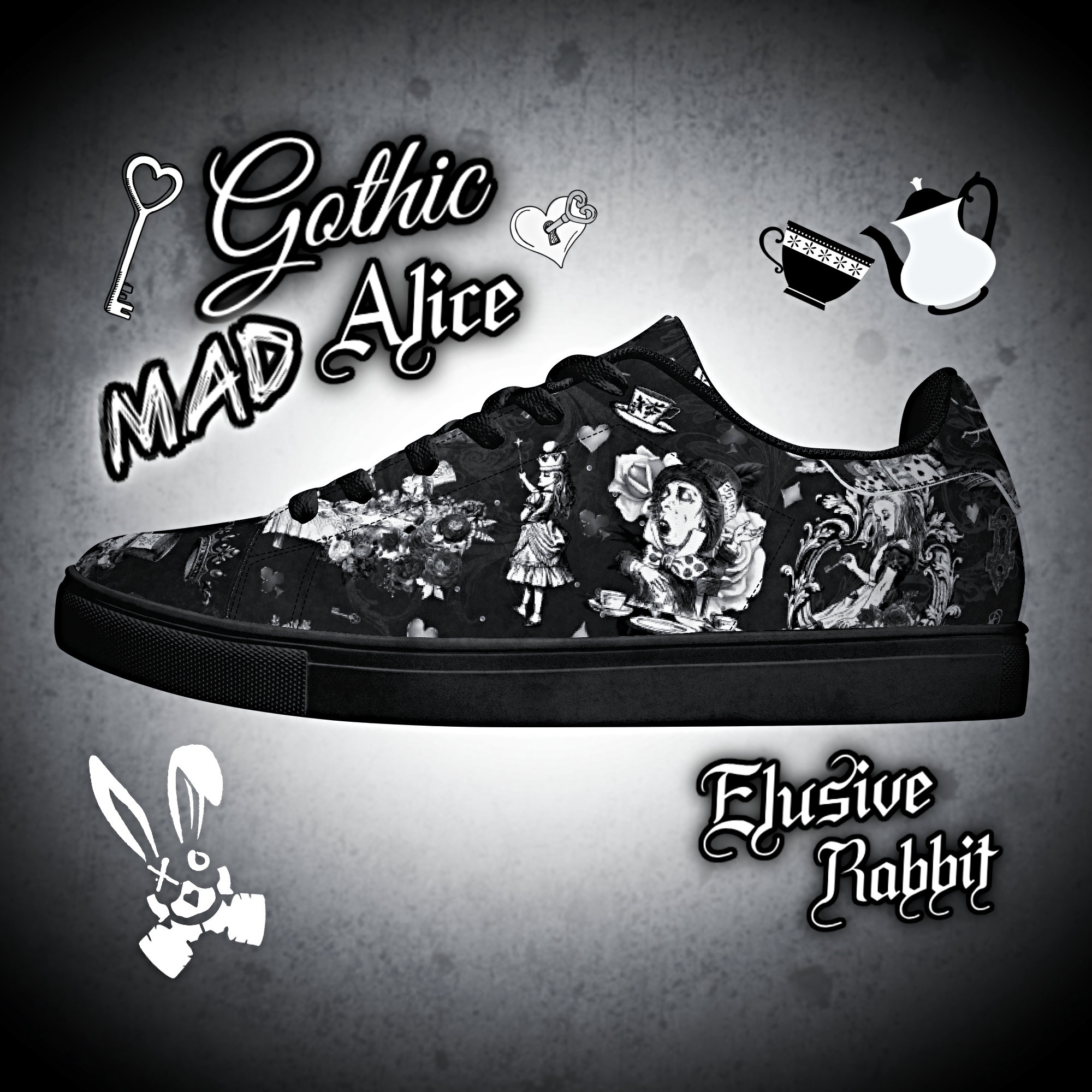 Gothic Mad Alice Black White Wonderland Trainers Christmas UK 3 4 5 6 7 ...