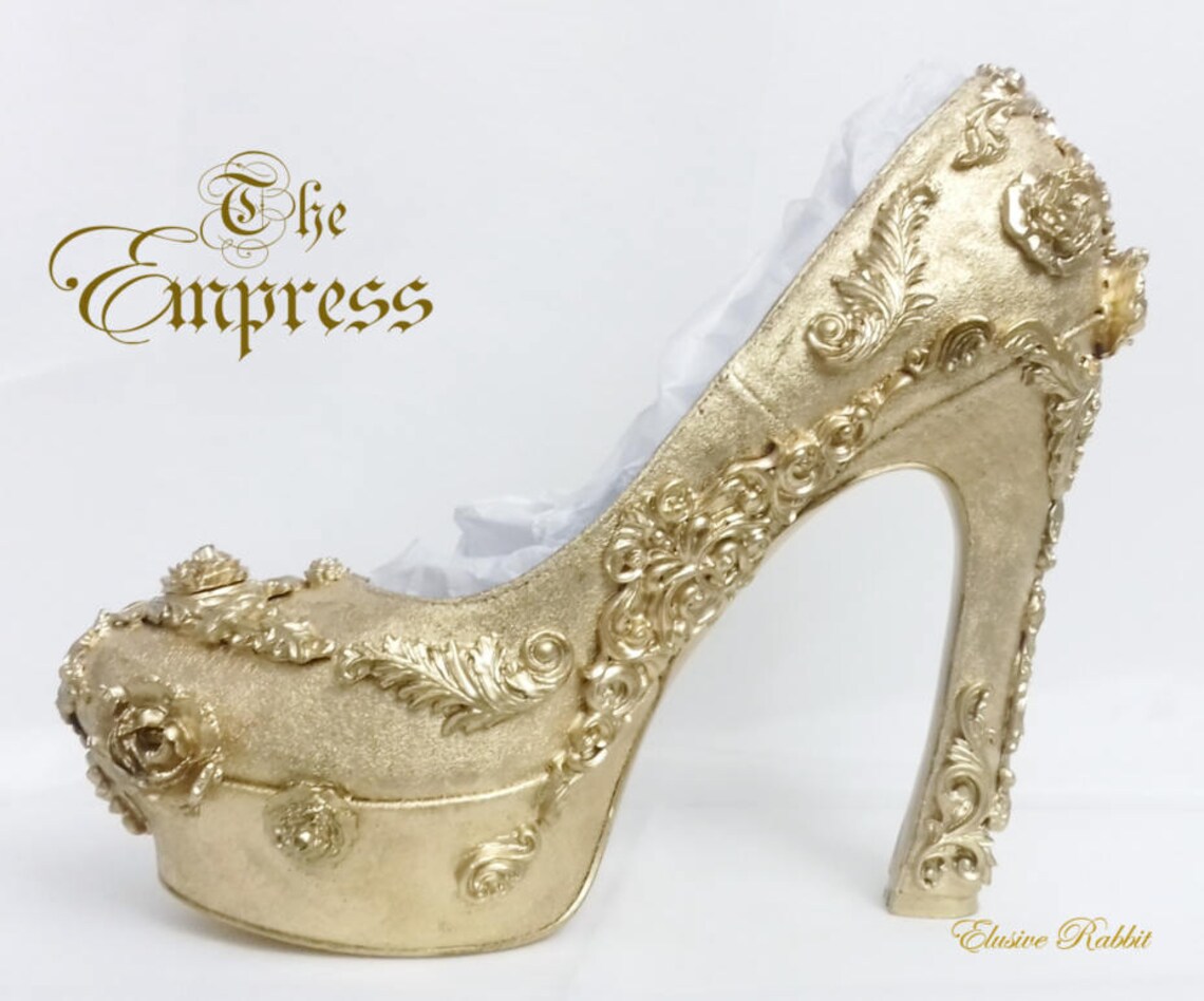 The Empress Heels Gold Metallic Baroque Damask Elegant Wedding Bridal ...