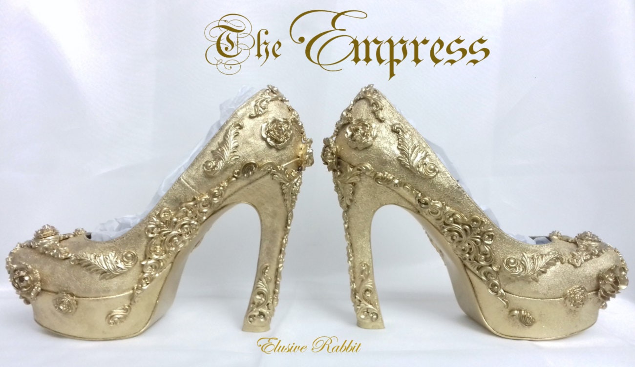 The Empress Heels Gold Metallic Baroque Damask Elegant Wedding Bridal ...