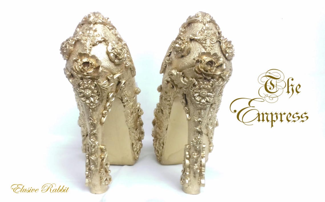 The Empress Heels Gold Metallic Baroque Damask Elegant Wedding Bridal ...