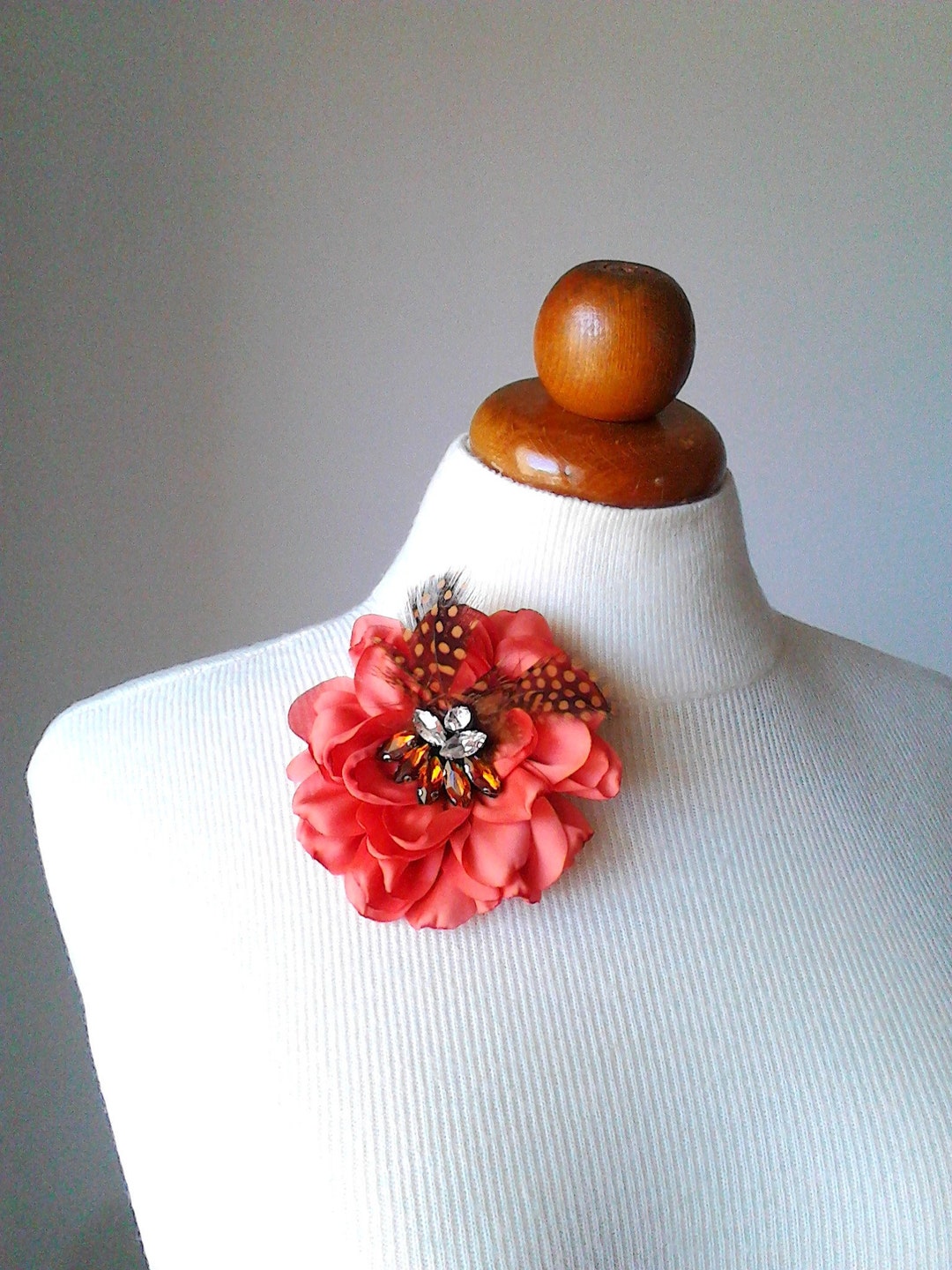 Orange Silk Flower Brooch: Handmade Rhinestone Feather Statement Pin ...
