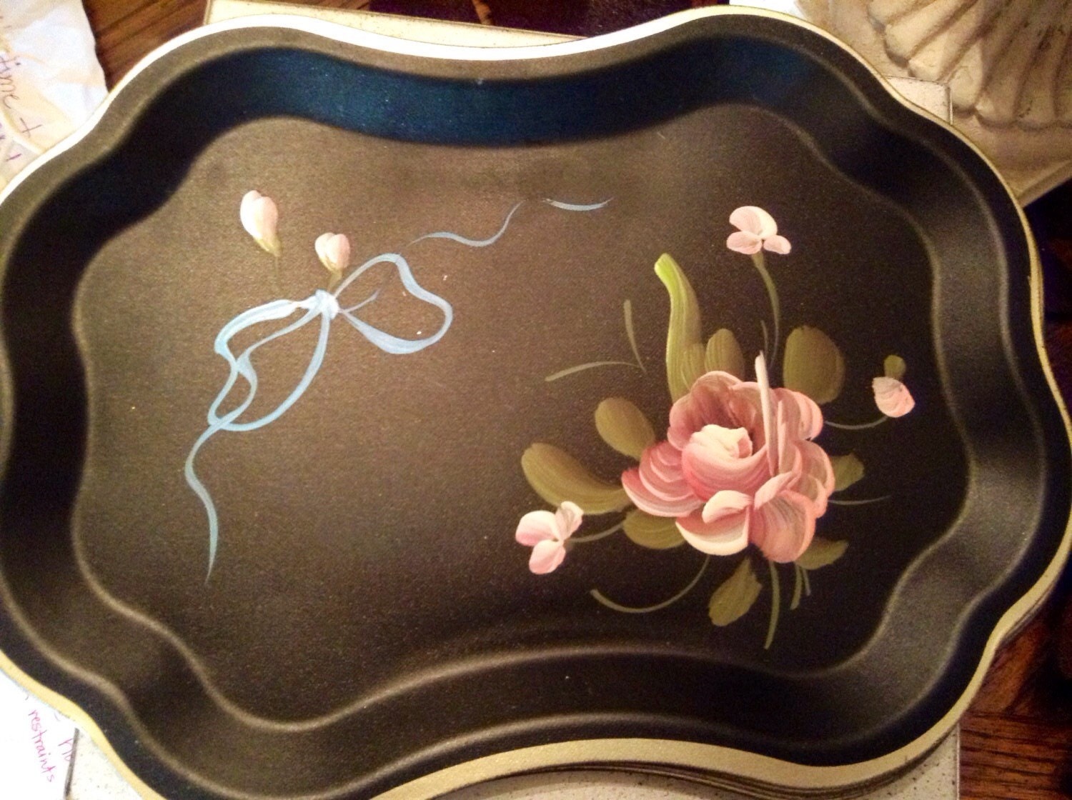 4 Dainty Hand Painted Pink Rose and Ribbon Tole Trays - Etsy