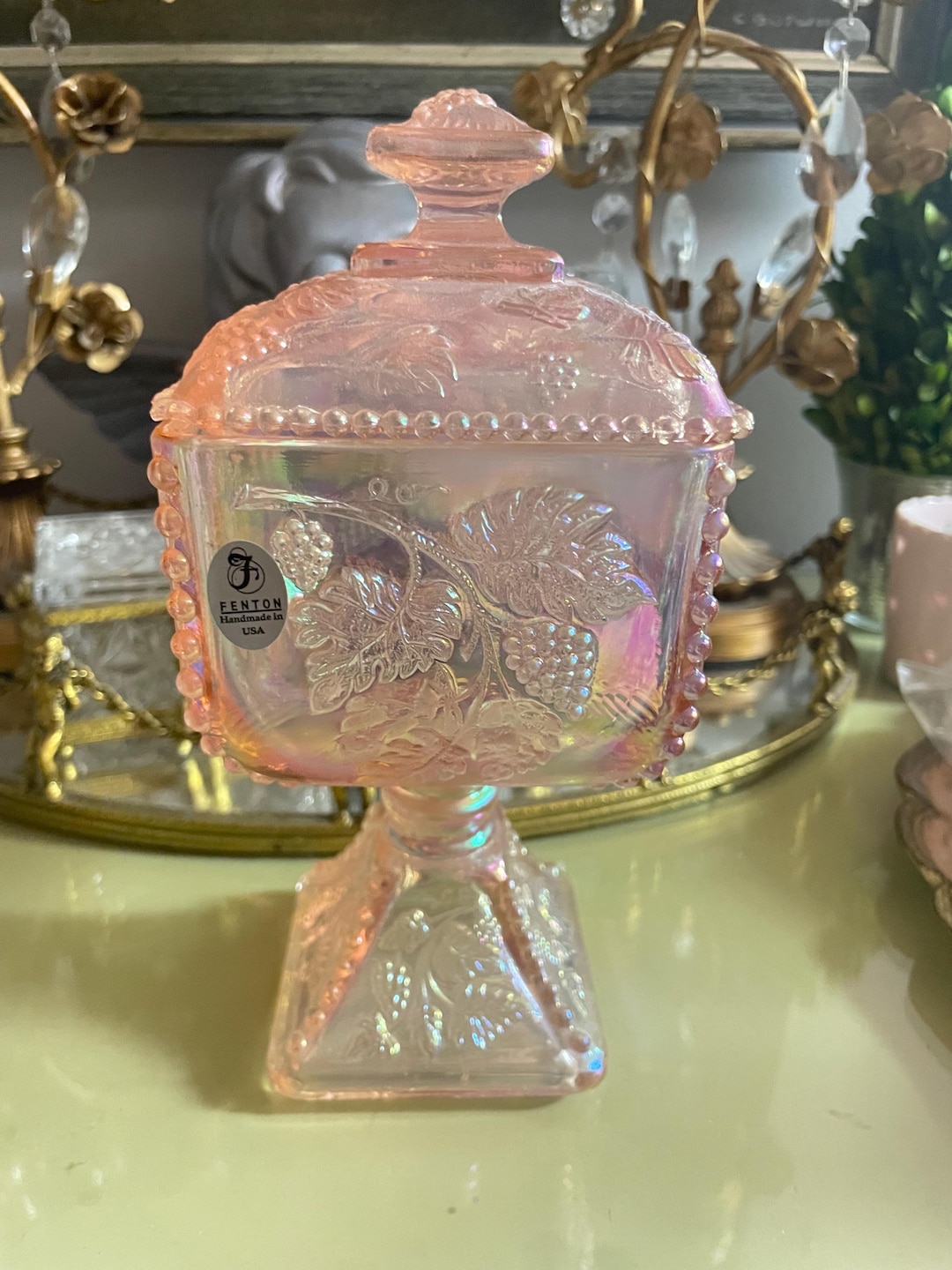 Antique Fenton Pink Sunset Stretch Carnival Glass Candy Jar - Etsy