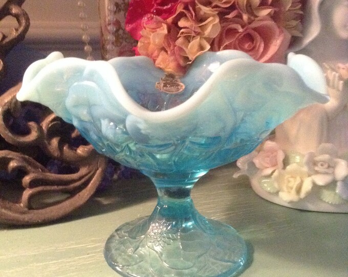 Fenton Blue Candy Dish Antique Rare With Milk Glass Ruffle Rim Lilly ...