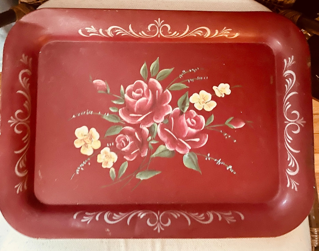 Red Vintage Floral Tray - Etsy