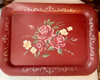 Vintage Toleware Tole Tray AQUA BLUE Metal Floral Roses Hand Painted ...