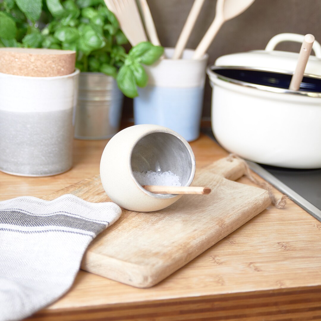 Ceramic Salt Pig With Handmade Wooden Spoon Grey - Etsy