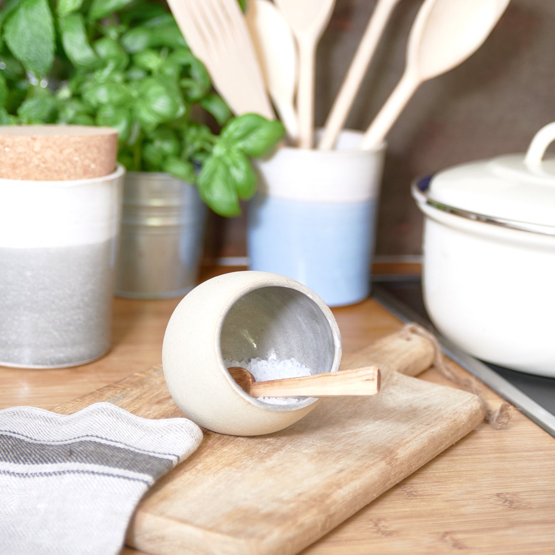 Ceramic Salt Pig With Handmade Wooden Spoon Grey | Etsy UK