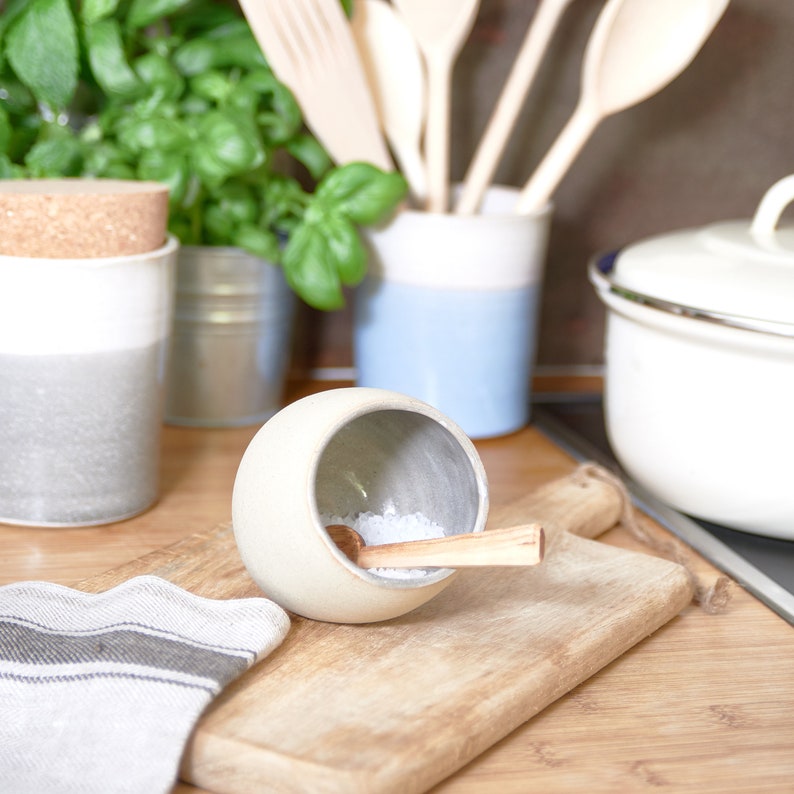 Ceramic Salt Pig With Handmade Wooden Spoon Grey - Etsy