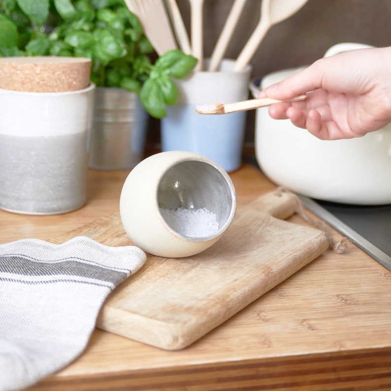 Ceramic Salt Pig With Handmade Wooden Spoon Grey | Etsy