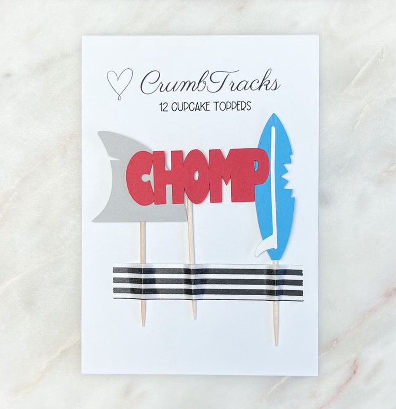 Shark Cupcake Toppers: Surfboard, Fin & CHOMP Jaws - Set of 12 - Etsy