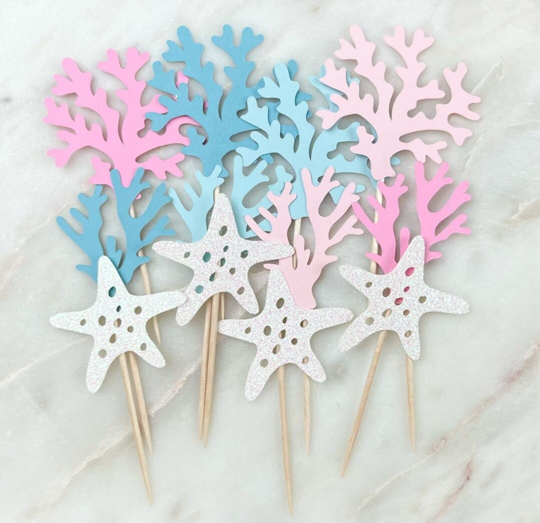 Gender Reveal Cupcake Toppers: Coral, Starfish, Seaweed - Set of 12 - Etsy